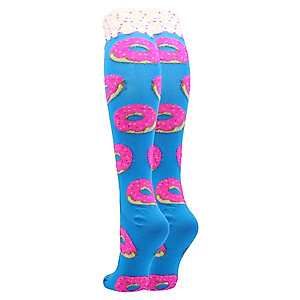 MadSportsStuff Donut Over the Calf Socks (Paradise Blue/Neon Pink, Small)