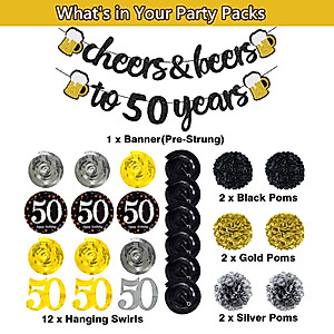 50th Birthday Decorations Kit for Men Women, Cheers to 50 Years Banner with Pom Poms Flowers, 50th Sparkling Hanging Swirl Decorations for 50th Birthday Wedding Party Supplies Decorations