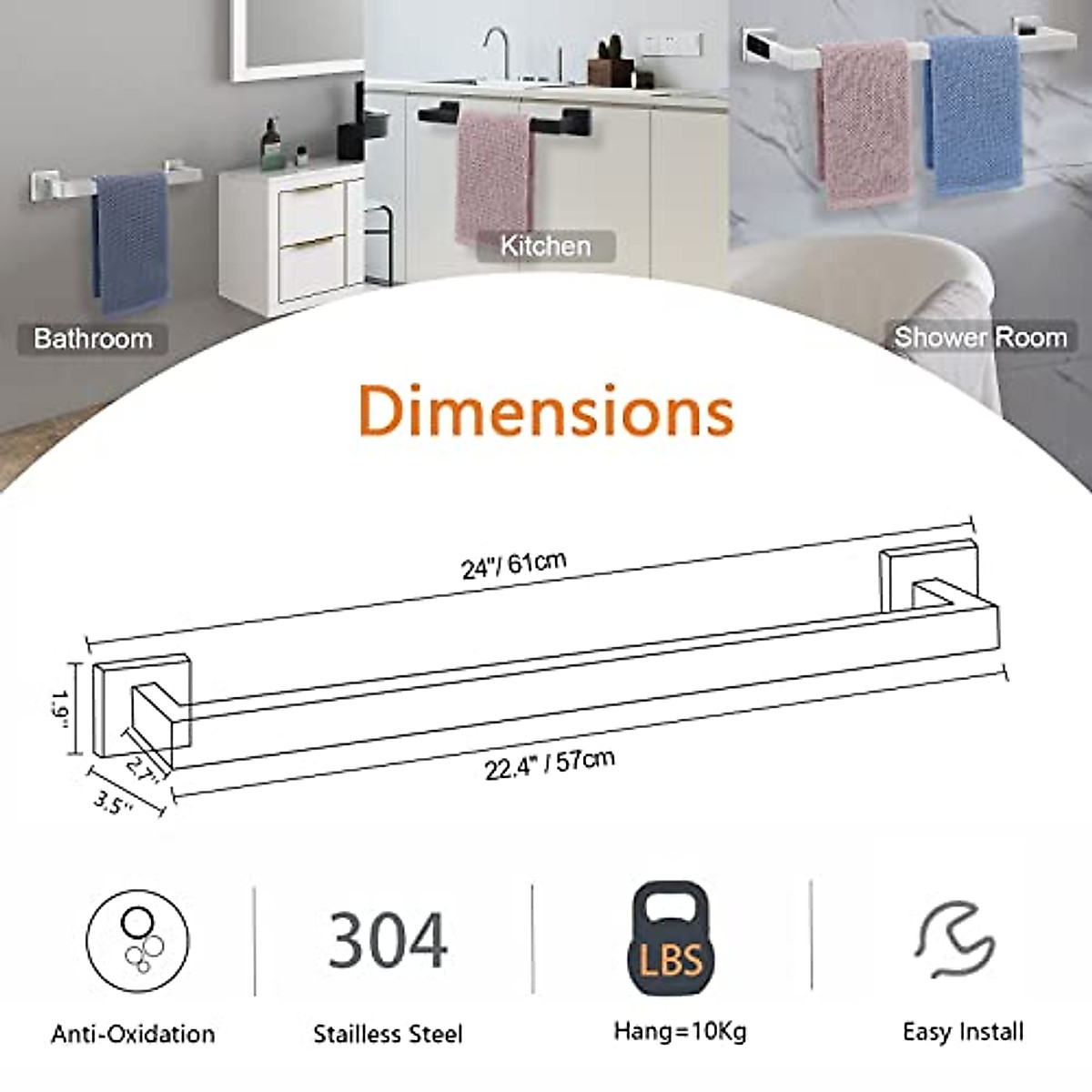 NearMoon Bathroom Towel Bar, Bath Accessories Premium Thicken Stainless Steel Square Shower Towel Rack for Bathroom, Towel Holder Wall Mounted(Matte Black, 24 Inch)