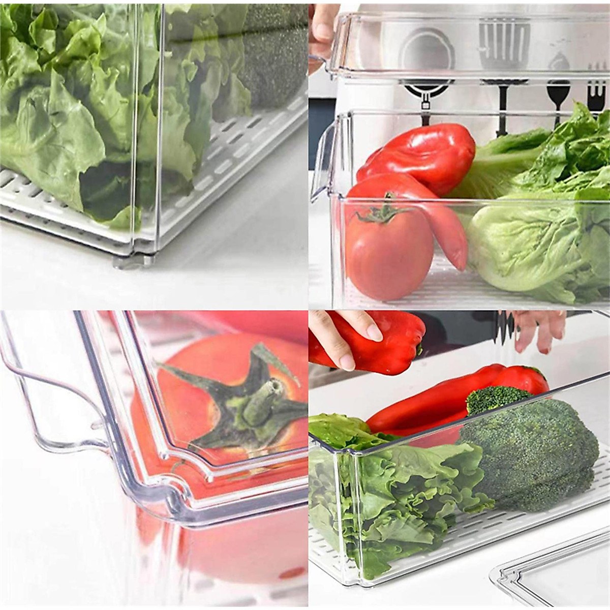 Yustuf 10-pack Clear Stackable Refrigerator Organizer Bins with 4 liners, Plastic Pantry Organization and Storage Bins with lids Vegetable Fruit Storage Containers for Fridge