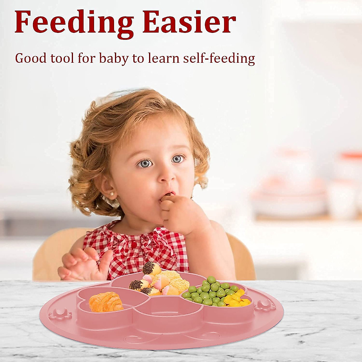 KVK Baby Plates with Suction, Silicone Toddler Plate for Babies Infants, Stick to High Chair Trays and Table, Microwave Dishwasher Safe - Cute Bee - Baby Pink