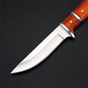 10MOONS 6.3-Inch Fixed Blade Bushcraft Knife with Leather Sheath, Stainless Steel Blade and Log Handle, for Hunting Camping Hiking Survival and Cutting Meat Fruit Vegetable