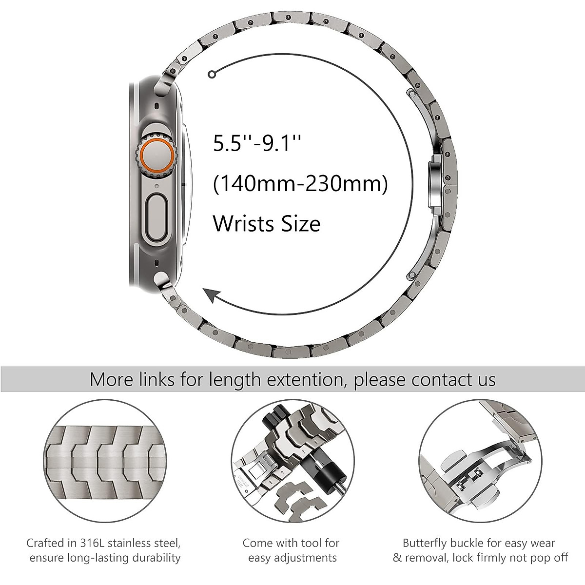 WINGLE Metal Band for Apple Watch Band Ultra 2/Ultra Band 49mm Men, Series 10 46mm, 9/8/7 45mm, SE/6/5/4 44mm, 3/2/1 42mm, Stainless Steel Bands with Folding Clasp iWatch Strap Link Bracelet, Titanium