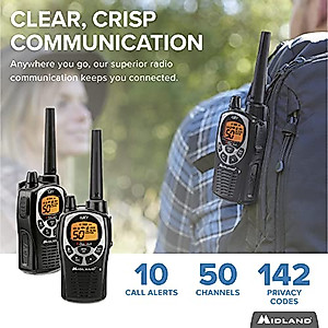 Midland 50 Channel Waterproof GMRS Two-Way Radio - Long Range Walkie Talkie with 142 Privacy Codes, SOS Siren, and NOAA Weather Alerts and Weather Scan (Black/Silver, Pair Pack)