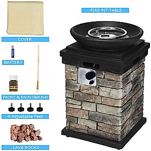 S AFSTAR Propane Firebowl Column, 40,000 BTU Outdoor Gas Fire Pit Realistic Look Firepit Heater w/Adjustable Feet, Free Lava Rocks & Rain-Cover, Propane Fire Pit Table for Outside (Natural Stone)
