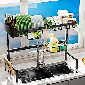 ilvvan Dish Rack Over The Sink Dish Drying Rack (Expandable Height and Length) Snap-On Design 2 Tier Large Dish Rack Stainless Steel (23" - 34" L x 11" W x 19" - 21.5" H)