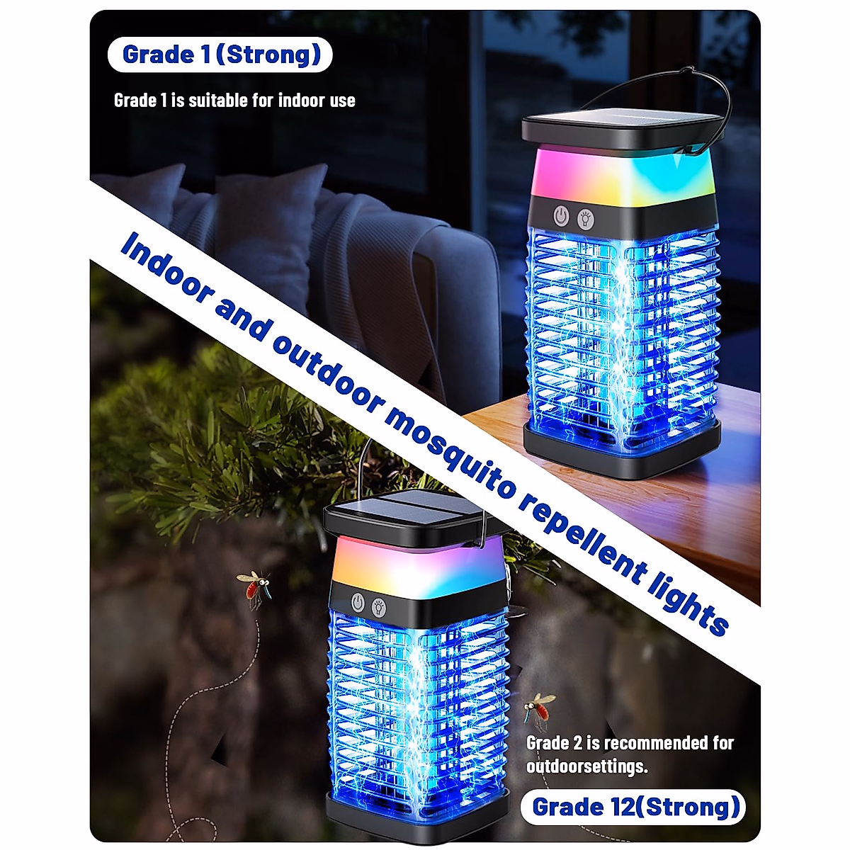 Solar Bug Zapper Outdoor Indoor, 3 in 1 Portable Electric Mosquito Zapper, Waterproof Plug in with RGB Light & Reading Lamp, Rechargeable Fly Zapper Insect Trap for Patio Camping Home Backyard