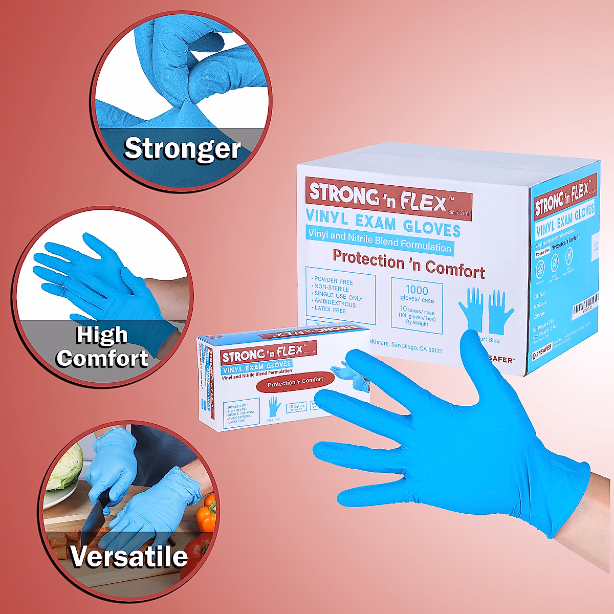 STRONG 'n FLEX Vinyl-Nitrile Blend Exam Gloves - 10 Boxes of 100 - Latex Free, Powder Free, Versatile, & Non-sterile (XL)