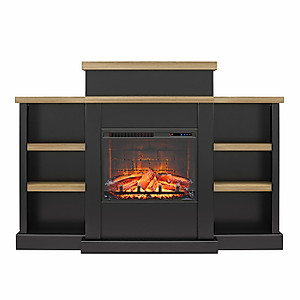 Ameriwood Home Gateswood 64 Inch Electric Fireplace with Mantel, Replaceable Fireplace Insert Heater, Shelves, Remote Control, Timer, Realistic Log and Flame Effect, Black