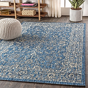 JONATHAN Y SMB103A-8 Palazzo Vine and Border Textured Weave Indoor Outdoor Area-Rug Coastal Bohemian Rustic Glam Easy-Cleaning Bedroom Kitchen Backyard Patio Non Shedding, 8 X 10, Navy/Gray