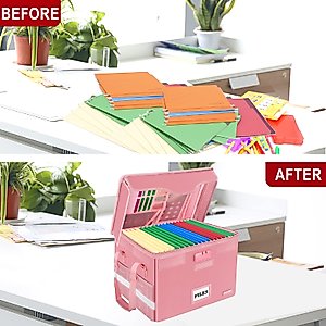 DocSafe File Box Fireproof Document Box with Lock,File Storage Organizer Box with Insert Pockets,Collapsible Portable File Box Home Office File Cabinet with Handle for Hanging Letter/Legal Folder,Pink