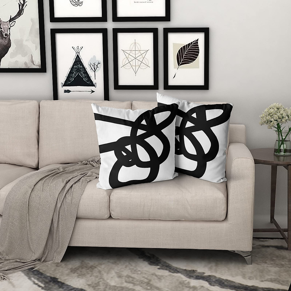 Kawani Black and White Pillow Covers 20X20 in Abstract Modern Graffiti Art Line Decorative Couch Pillow Cases with Zipper Set of 2 Boho Home Decor for Living Room Bedroom Bed Cushion Outdoor