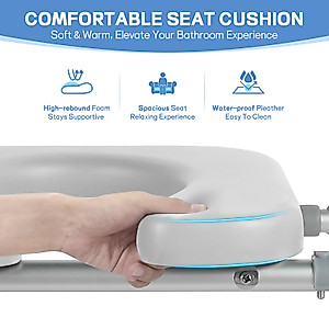 Raised Toilet Seat with Handles, Heavy Duty 500lb Toilet Seat Risers for Seniors, Extra Support Bars for Soft Padded Seat, Adjustable Width & Height Toilet Seat Riser for Disabled-Gray