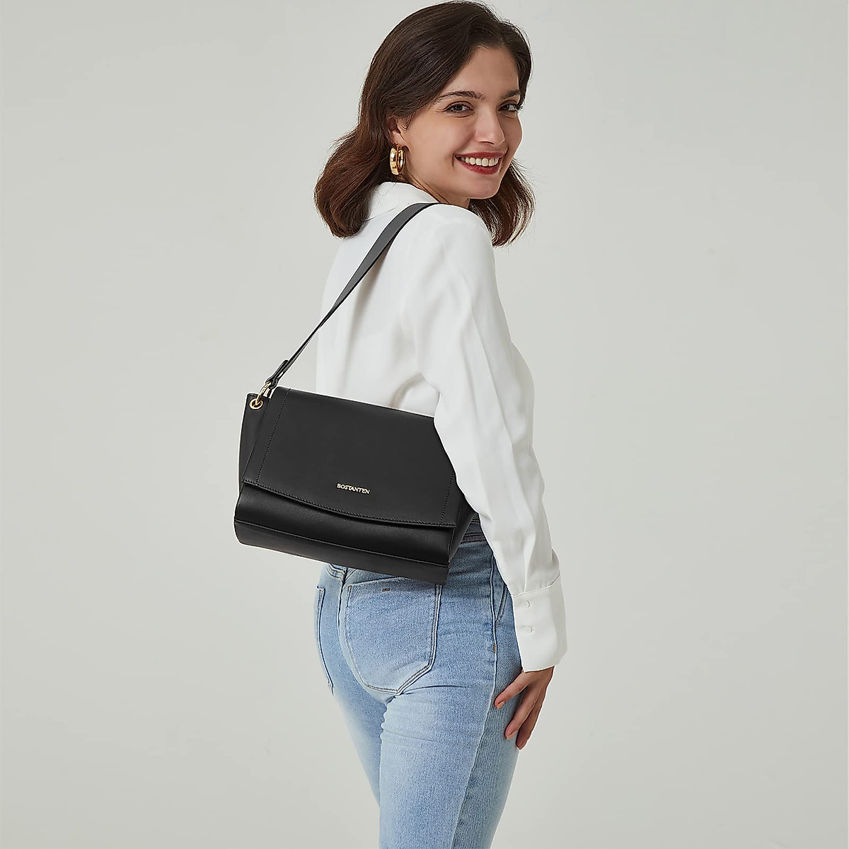 BOSTANTEN Womens Leather Crossbody Bags Designer Handbag Medium Trendy Shoulder Bag Purse Black