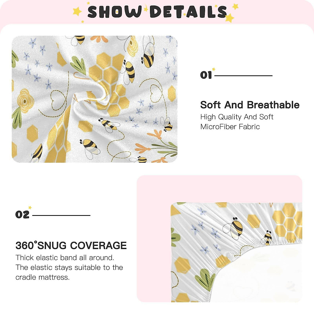 Floral Bee Fitted Crib Sheet for Girls and Boys,Soft Breathable Baby Sheet for Standard Size Crib Mattress 21164184