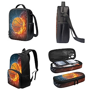 Glomenade Flame Water Basketball Lunch Bags Reusable Thermal Lunch Pouch Sack Fire Ice Ball Schoolbags Bookbags with Pencil Bag Snacks Organizer Back to School