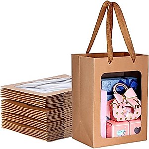 24 Pcs Brown Paper Gift Bags with Transparent Window Kraft Shopping Bags with Handles Clear Brown Gift Bags for Baby Shower Birthday Bridal Wedding Party Anniversary Florist Gift Packing, 7 x 5 Inch