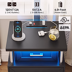 VIAGDO Black Nightstand Set of 2, LED Night Stand Set 2 with Charging Station, Modern Nightstand with 3 Drawers, Vintage Bedside Tables, End Side Table with Storage for Bedroom, Office