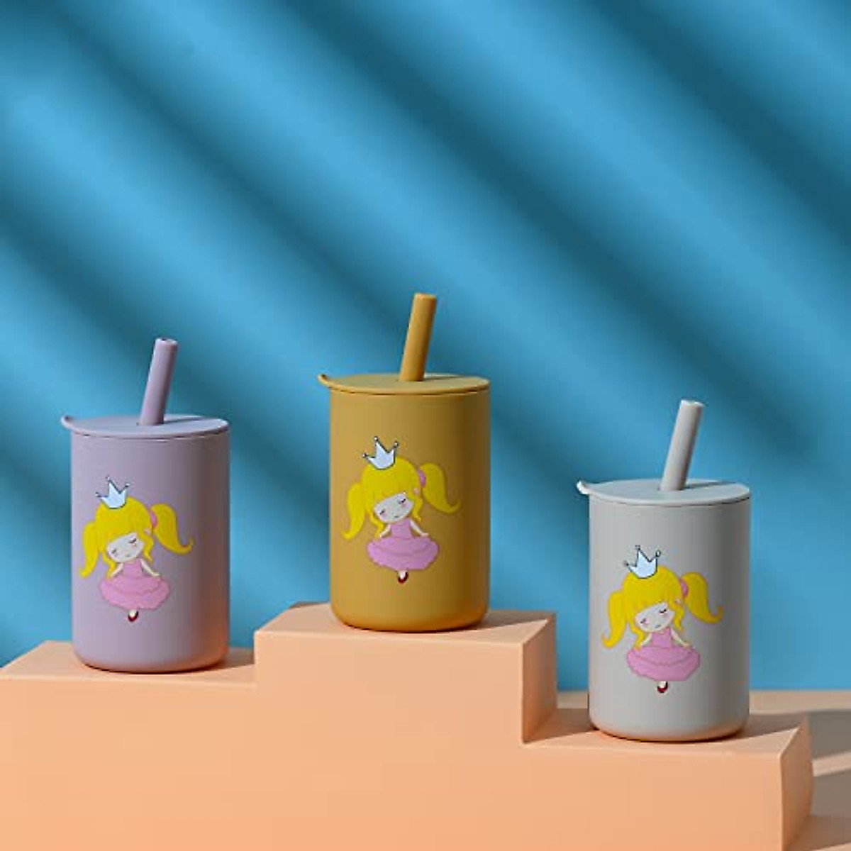 JOYIT Silicone Baby Open Cup with Straw, Baby Toddlers Open Cup 6 oz, Training and Learning Tumbler Cup (Princess-Beige)