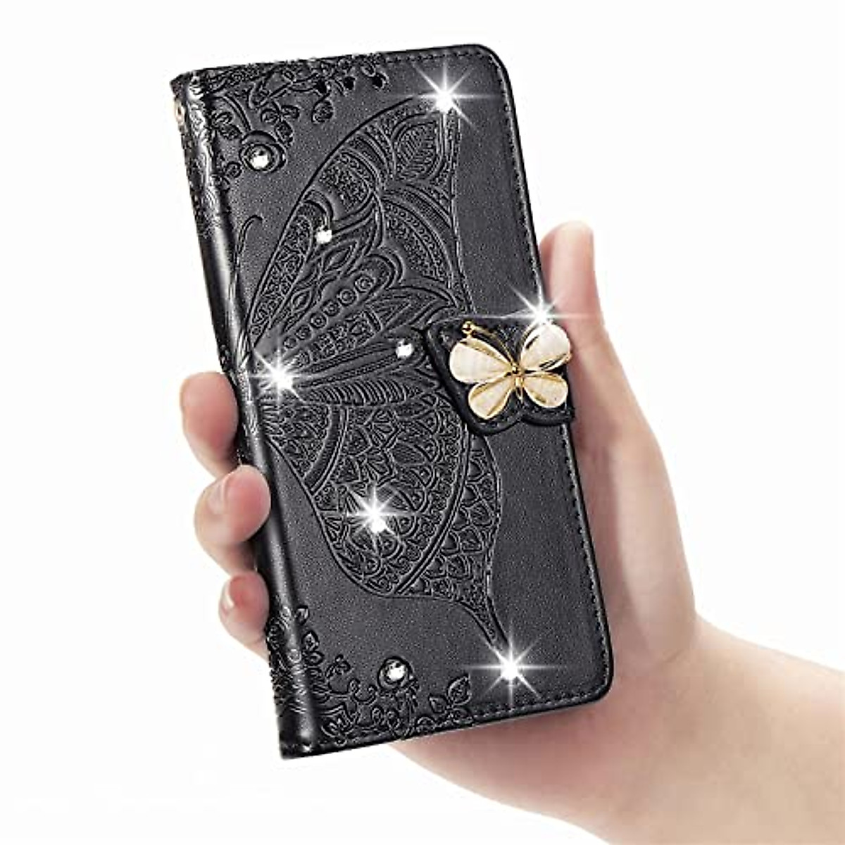 ONV Wallet Case for OnePlus N20 SE -1.5M Adjustable Strap Emboss Butterfly Flip Phone Case Card Slot Magnet Leather Shell Flip Stand Cover for OnePlus N20 SE [ZS] -Black