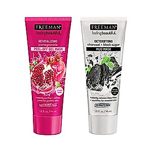 Freeman Limited Edition Pomegranate Peel-Off Facial Mask & Charcoal Black Sugar Mud Facial Mask Duo, Detoxifying, Removes Impurities & Hydrates Skin, Gift Set, 2 Count, 1.5 fl.oz./44 mL Tubes