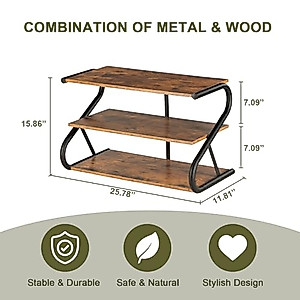 BWOORACKU Shoe Rack - Multi-Functional 3-Tier Z-Shaped Wooden Storage Organizer for Shoes, Entryway to Garage & More(Rustic)