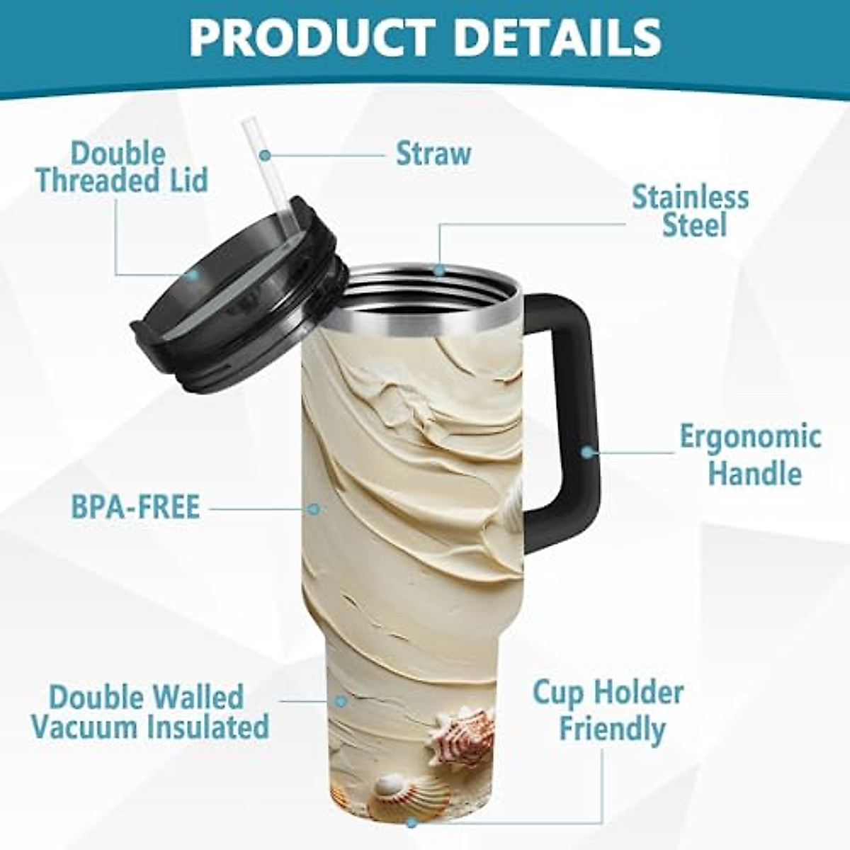 FRCSDIY Beach Shells Insulated Tumbler with Handle and Straw Lid,30oz Leakproof Stainless Steel Cup BPA-Free Water Bottle