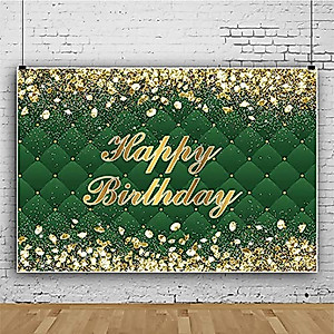 Renaiss 7x5ft Happy Birthday Backdrop Banner for Photoshoot Portrait Gold Diamonds Green Photography Background for Men Women 30th 40th 50th 60th 70th 80th Bday Party Decor Glitter Photo Booth Prop