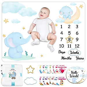 Elephant Baby Milestone Blanket Monthly Year Growth Baby Elephant Photo Blanket Nursery Decor Super Soft Flannel Baby Swaddling Blanket for New Mom Baby Shower Newborn