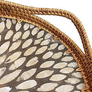 15 Inch Oval Rattan Woven Tray Basket with Beige MOP Wooden Base and Handles, Boho Wicker Coffee Table Serving Tray Décor with 2 Inch Wall, Handmade Display Basket for Countertop, L, I-lan