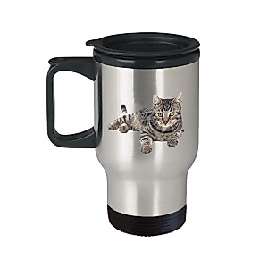 Grey Tabby Cat Travel Mug - Funny Insulated Tumbler- Novelty Birthday Christmas Anniversary Gag Gifts Idea