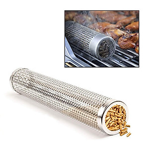 Stainless Steel Perforated Wood Pellet Tube Smoker, Smoke Tube Box for Pellets Grill BBQ, Cold Hot Barbecue Smoker Generator for Electric, Gas, Charcoal Grill or Smoker (Silver)