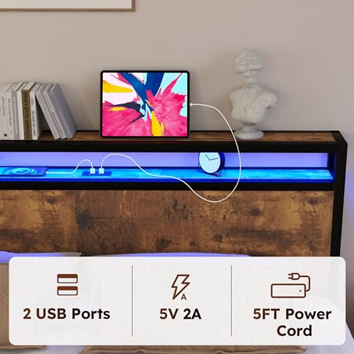 Kiivakii Full Bed Frame with Headboard Storage, LED Platform Bed with USB Ports for Bedroom Farmhouse, Heavy Duty, Wooden Board Decoration, Noise Free No Box Spring Needed, Rustic Brown