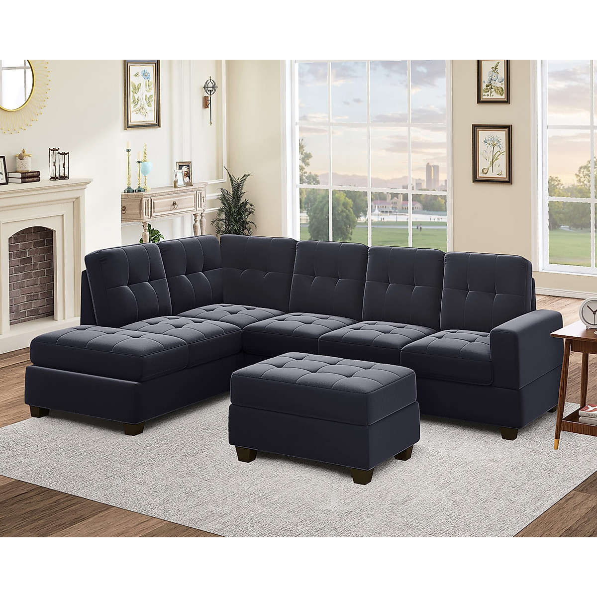 P PURLOVE Modern Sectional Sofa, Reversible Sectional Sofa with Storage Ottoman, L Shaped Couch Set with Reversible Chaise and Two Cup Holders, for Living Room Apartment, Black