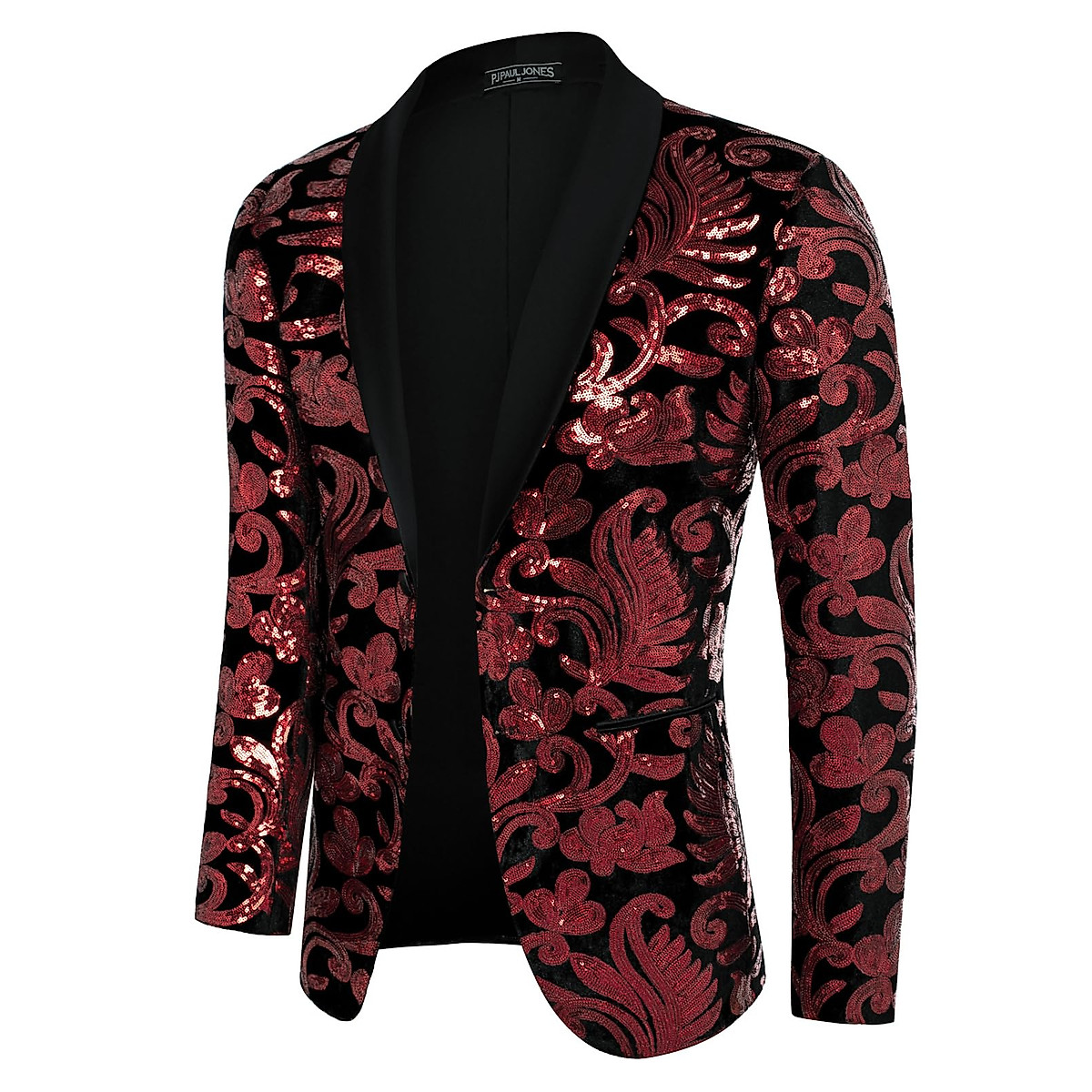 PJ PAUL JONES Men's Suit Jackets Velvet Sequins Tuxedo Jacket Shawl Lapel Slim Fit Casual Blazer for Men Dinner Wine Red 2XL