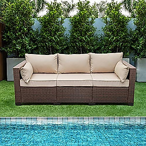 WAROOM Patio Couch PE Wicker 3-Seat Outdoor Brown Rattan Sofa Deep Seating Furniture with Non-Slip Beige Cushion