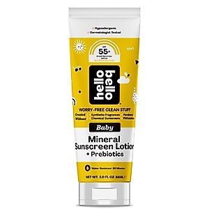Hello Bello Mineral SPF 55+ Sunscreen Lotion with Prebiotics I Water Resistant and Reef Friendly Sun Protection for Babies and Kids I 3 fl oz (Pack of 1)