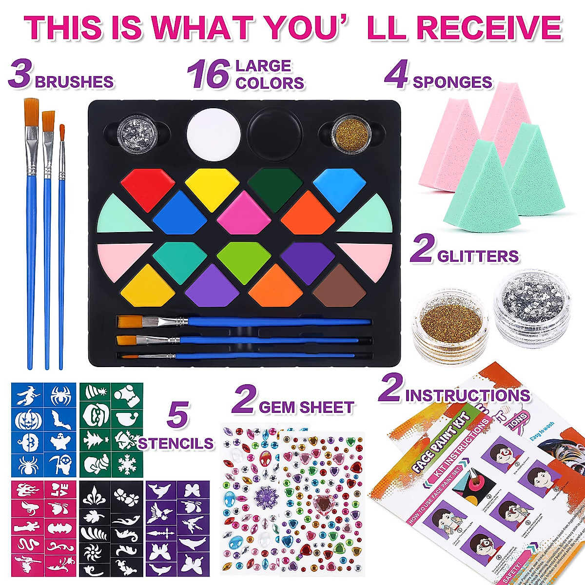 BOBISUKA Face Painting Kit for Kids - 16 Colors Water Based Body Face Paint Includes Brushes,Sponges,Glitters,Gem Sheet,Instructions,Stencils for Halloween Party Costume SFX Makeup