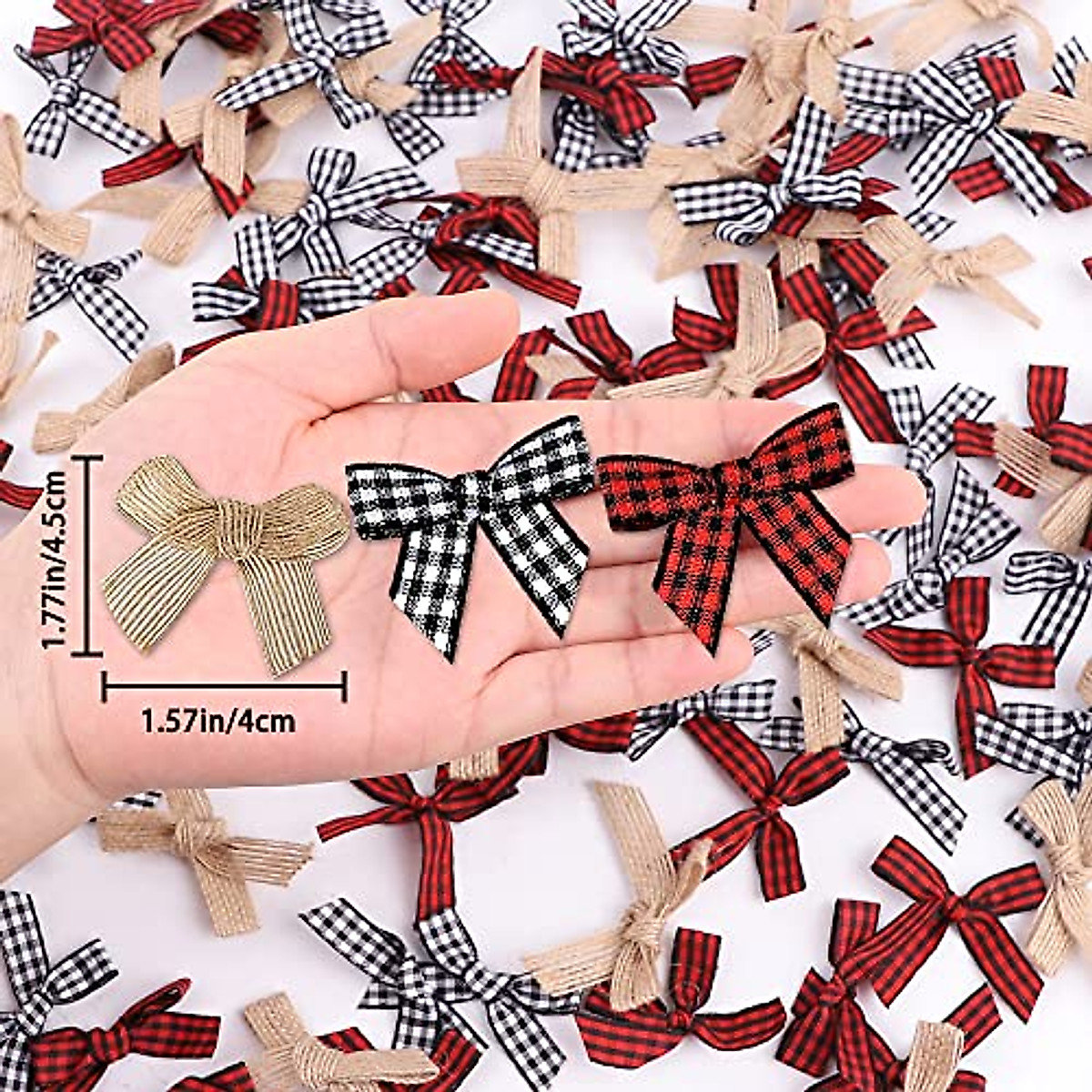 JOICE 120pcs Christmas Mini Burlap Bow Buffalo Plaid Bow for Craft，White and Black Checkered Bows Red and Black Gingham Ribbon Bows Farmhouse Home Decoration for Christmas Tree Gift Decorations (3 Colors)