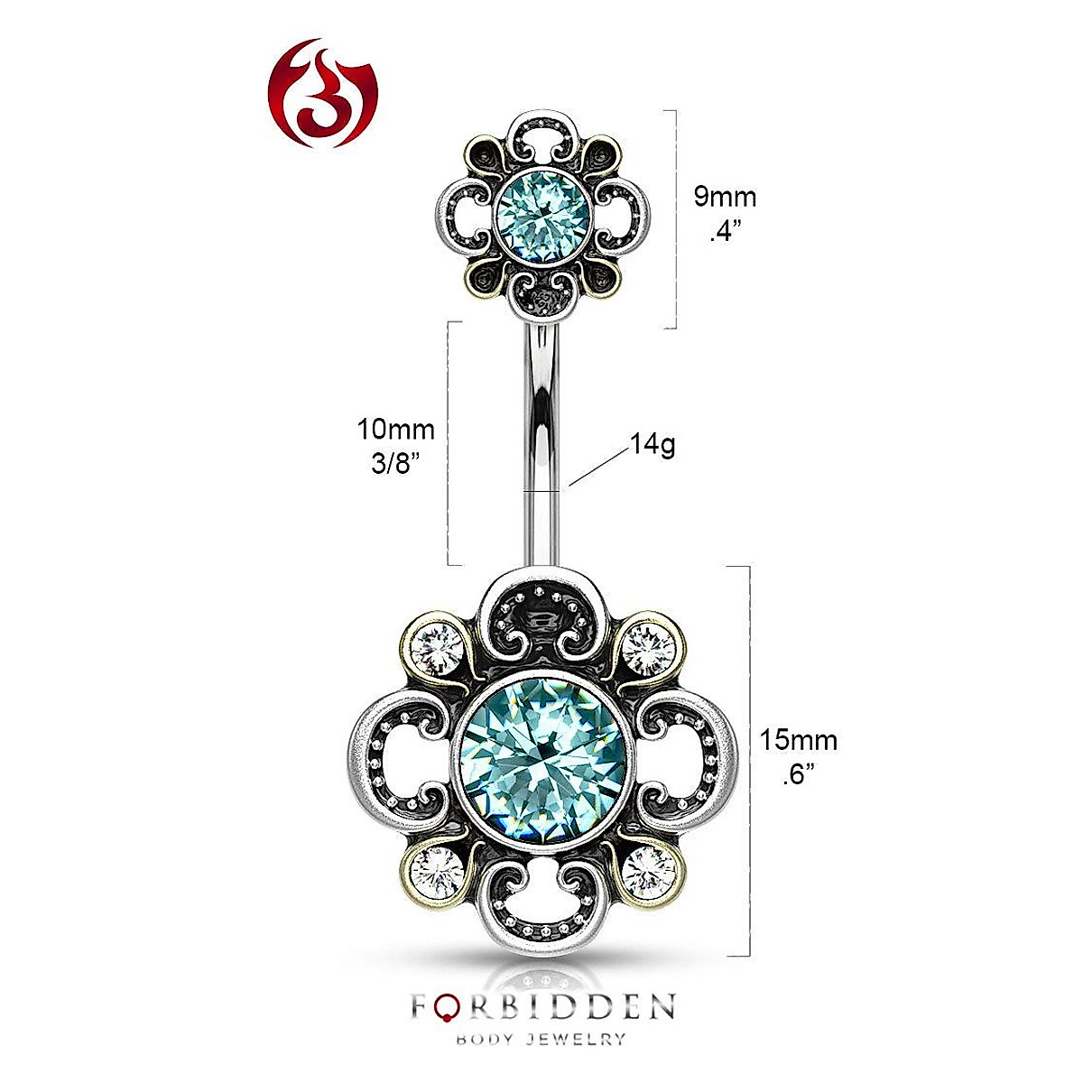 Forbidden Body Jewelry Surgical Steel Aqua CZ Centered Flower Vintage Filigree Belly Button Ring with Matching Top