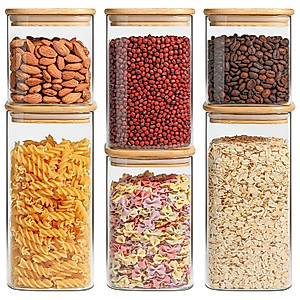 ComSaf Airtight Glass Storage Canister with Bamboo Lid (22oz/37oz/50oz) Set of 6, Clear Food Storage Container Kitchen Pantry Storage Jar for Flour Cereal Sugar Tea Coffee Beans Snacks, Square