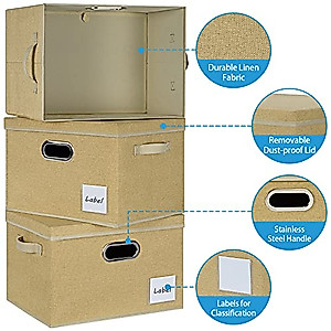 LHZK Large Storage Bins with Lids 6 Pack, Linen Fabric Storage Boxes with Lids, Foldable Storage Baskets with 3 Handles and Label Window for Shelves Bedroom Closet Office (15.75x11.8x10.2,Black,Beige)