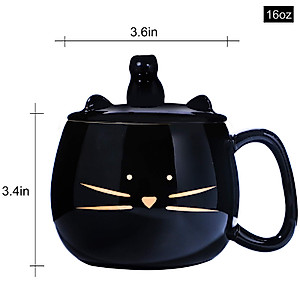 Koolkatkoo Cute Cat Coffee Mug with Cell Phone Holder Lid for Cat Lover Unique Ceramic Tea Mugs with Gold Cat Porcelain Cup Gift for Women Black