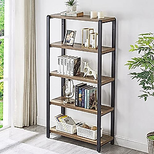 FOLUBAN 5 Tier Bookshelf, Industrial Vintage Storage Book Shelves, Rustic Wood and Metal Bookcase for Home Office Bedroom, Oak