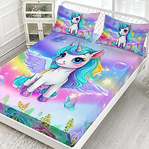 XYNHML Kid Unicorn Fitted Sheet Set Twin Size Rainbow Flower Star Pattern Kid Bed Sheet Cute Unicorn Butterfly Bedding Set for Boys Girls Includes 1 Fitted Sheets & 2 Pillowcases No Flat Sheet