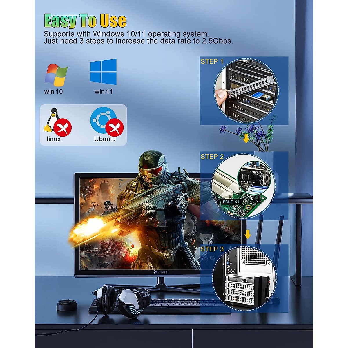 2.5GBase-T PCI Express Gigabit Network Card for Gaming, Streaming, 2.5G/1G/100Mbps PCIe Ethernet Network Adapter RJ45 LAN Controller for PC, Support Windows 10/11, Standard & Low-Profile Brackets