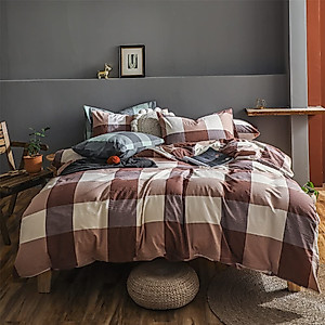 NSNLGSGC Khaki Plaid Cotton Duvet Cover Set Twin, Rust Buffalo Checkered Washed Cotton Bedding Set,Caramel Plaid Durable & Breathable Comforter Cover Set(2PCS, Twin)