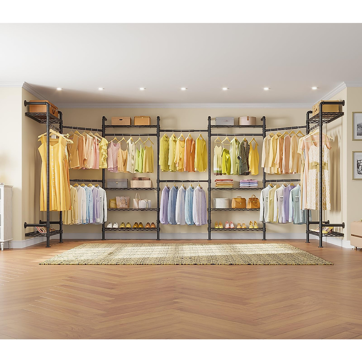 Timate L3 L Shape Garment Rack Heavy Duty Clothes Rack for Hanging Clothes, Expandable Industrial Pipe Wall Mounted Clothing Rack, Adjustable Corner Closet Wardrobe Closet Kit Closet Systems, Black