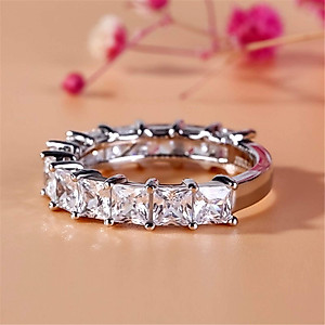 Jeulia Bar Setting Princess Cut Sterling Silver Women's Band Engagement Anniversary Eternity Promise Wedding Band Ring Christmas Gift With Jewelry Box (Silver, 5.5)