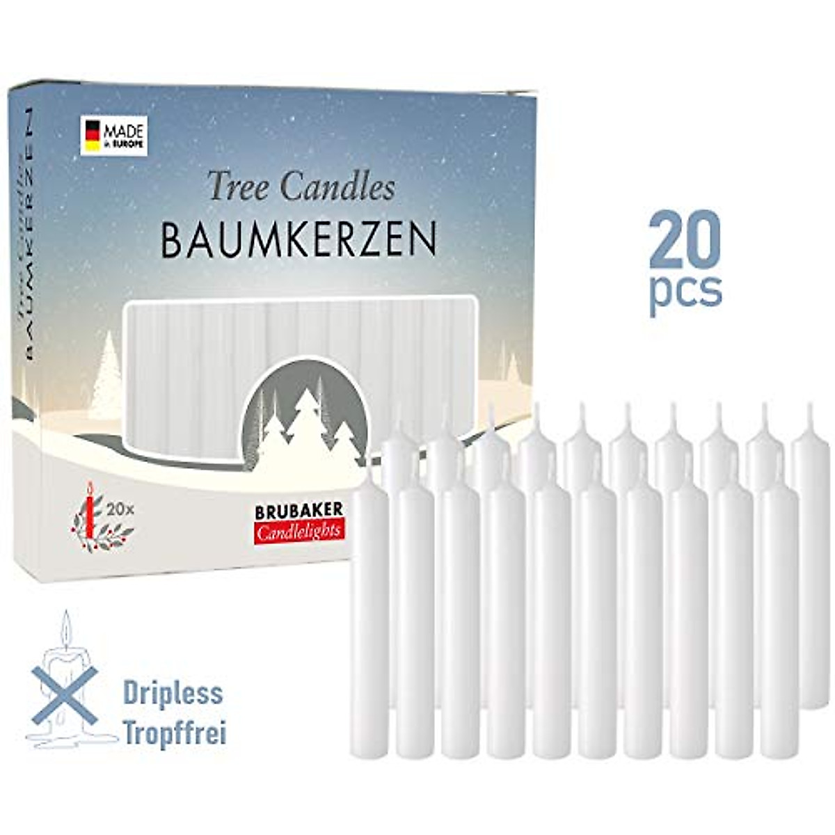 BRUBAKER Tree Candles - Pack of 20 - White - 3¾ x ½ Inches (9.5 x 1.27cm) - Made in Europe - Pyramids, Carousels & Chimes